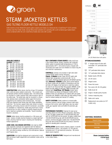 Groen DH Gas Tilting Floor Kettle Spec Sheet | Manualzz