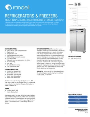 Randell RS2R-52-2 Double Door Refrigerator Spec Sheet | Manualzz