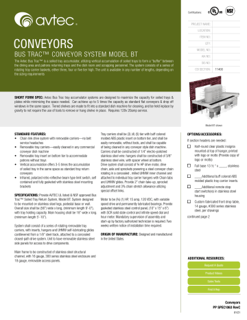 Avtec BT Bus Trac Conveyor System Spec Sheet | Manualzz
