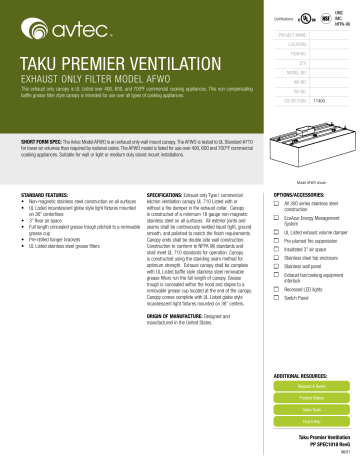 Avtec AFWO Exhaust Only Filter Spec Sheet | Manualzz