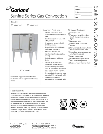 Garland Sunfire Series Gas Convection Specification | Manualzz