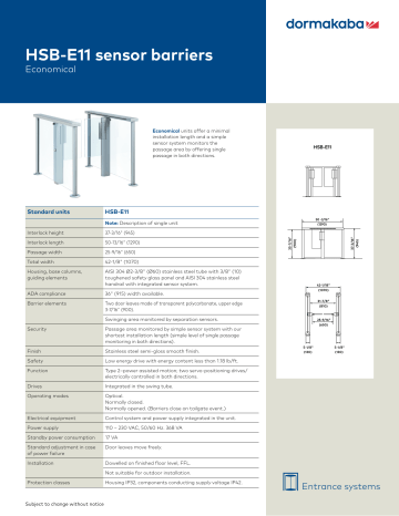 Dormakaba Sensor Barriers & Gates Specifications | Manualzz