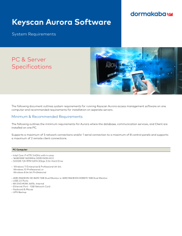 Dormakaba Keyscan Aurora Control Software Specifications | Manualzz