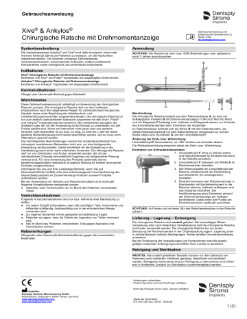 Dentsply Sirona Xive and Ankylos Surgical Ratchet Bedienungsanleitung ...