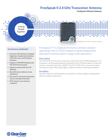 Clear-Com FreeSpeak II 2.4 GHz APAC Transceiver Spec Sheet | Manualzz