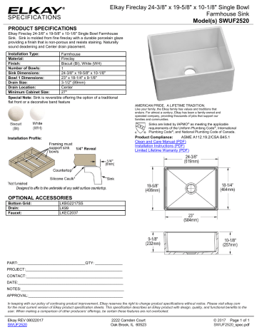 Elkay SWUF2520BI 25 Inch Farmhouse Kitchen Sink Spec Sheet | Manualzz