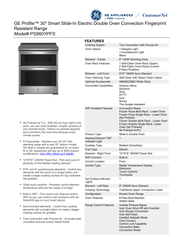 GE PS960YPFS 30 Inch Slide-In Electric Range Spec Sheet | Manualzz