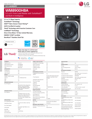 LG WM8900HBA 29 Inch Smart Front Load Washer Spec Sheet | Manualzz
