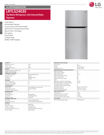 LG LRTLS2403S 33 Inch Top Freezer Refrigerator Spec Sheet | Manualzz