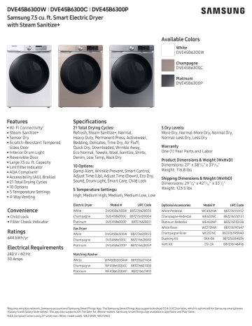 Samsung DVE45B6300C 27 Inch Electric Smart Dryer Spec Sheet | Manualzz