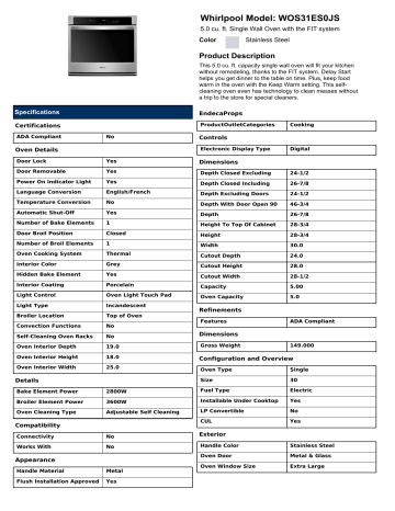 Whirlpool WOS31ES0JS 30 Inch 5.0 Cu. Ft. Electric Single Wall Oven Spec ...