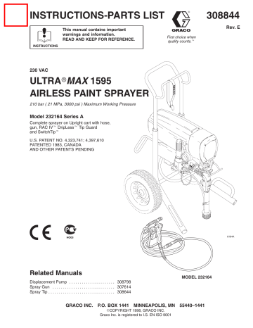 Graco 308844E Ultra Max 1595 Sprayer 230V Owner's Manual | Manualzz