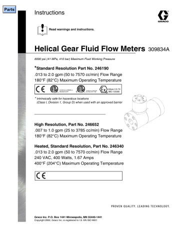 Graco 309834A Helical Gear Fluid Flow Meters Owner's Manual | Manualzz