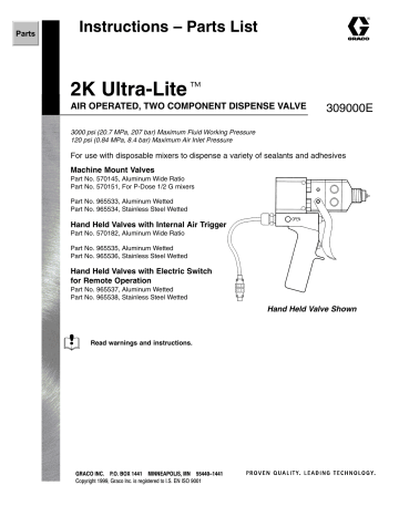Graco 309000E 2K Ultra-Lite Dispense Valve Owner's Manual | Manualzz