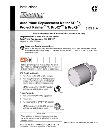 Graco 312291A; Magnum AutoPrime Replacement Kit for XR7, ProX7, & ProX9 ...