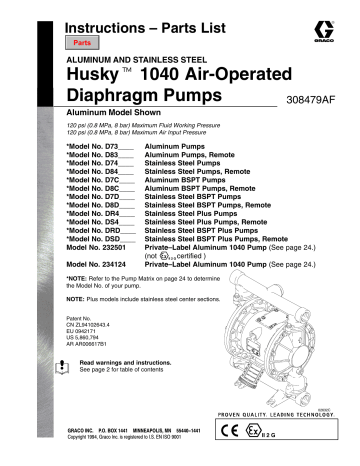 Graco 308479AF Husky 1040 Air-Operated Diaphragm Pumps, Alum., & SST Owner's Manual | Manualzz