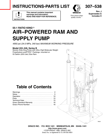 Graco 307538J 55:1 RATIO KING Air-Powered Ram and Supply Pump Owner's ...