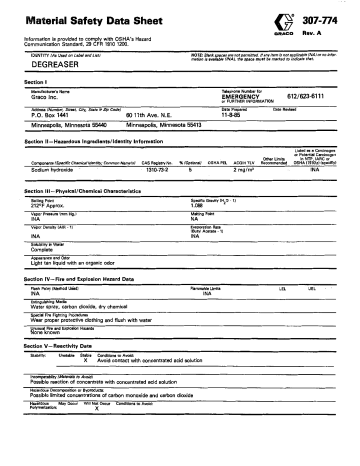 Graco 307774A DEGREASER MATERIAL DATA SHEET Owner's Manual | Manualzz