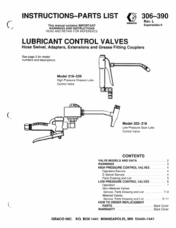 Graco 306390L LUBRICANT CONTROL VALVES Owner's Manual | Manualzz