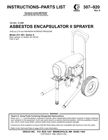 Graco 307920A 120 VAC, 15 AMP ASBESTOS ENCAPSULATOR II SPRAYER Owner's ...