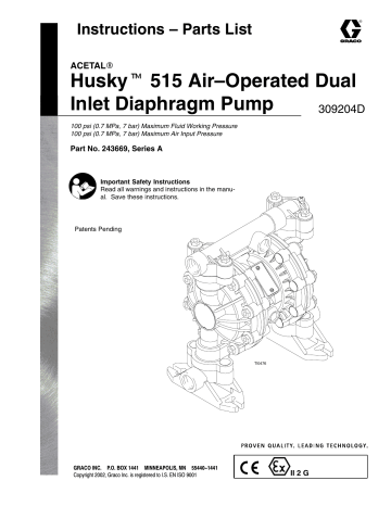 Graco 309204D, Husky 515 Air-Operated Dual Inlet Diaphtragm Pump ...