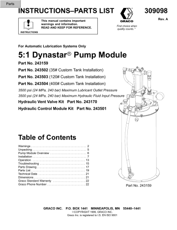 Graco 309098A 5:1 Dynastar Pump Module Owner's Manual | Manualzz