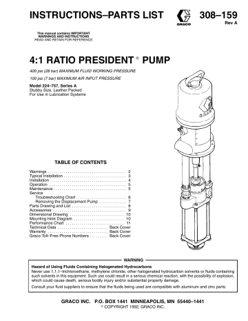 Graco 308159A STUBBY SIZE 4:1 Ratio President Pump Owner's Manual | Manualzz