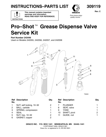 Graco 309119C Pro-Shot Grease Dispense Valve Service Kit Owner's Manual ...
