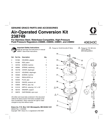 Graco 406343C,238749 Air-operated Conversion Kit for Fluid Pressure Regulators 238889, 238890 ...
