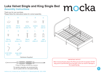 Mocka Luka Velvet King Single Bed Assembly Instructions | Manualzz
