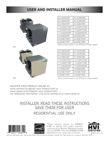 Venmar HRV 110 CFM 65 SRE Air Exchanger Owner's Manual | Manualzz
