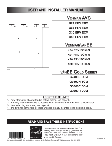 Venmar X30HRV ECM Air Exchanger Owner's Manual | Manualzz