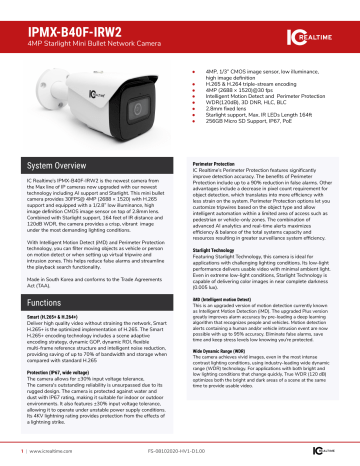 IC Realtime IPMX-B40F-IRW2 4MP IP Indoor/Outdoor Small Size Bullet Datasheet | Manualzz