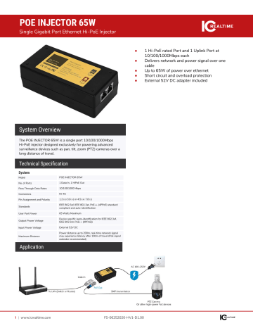 IC Realtime POE INJECTOR 65W PoE Injector Datasheet | Manualzz
