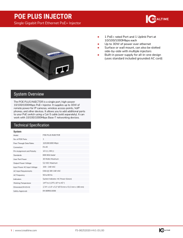 IC Realtime POE PLUS INJECTOR PoE Injector Datasheet | Manualzz