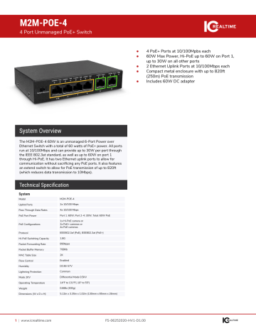 IC Realtime M2M-POE-4 4 Port 48V PoE Switch Datasheet | Manualzz