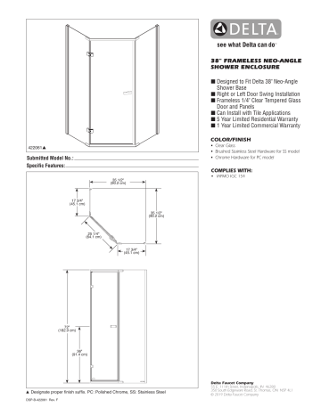 Delta 422061 Classic 38 in. W x 72 in. H Neo-Angle Pivot Semi Frameless ...