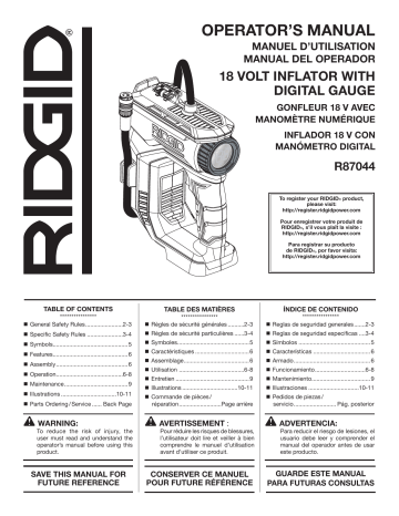 RIDGID R87044-AC86072B 18V Cordless High Pressure Inflator and Portable ...