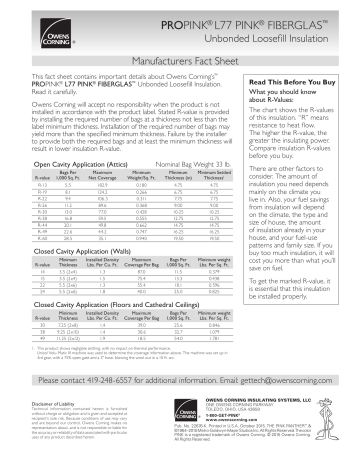 Owens Corning L77 Pro Pink Fiberglass Blown Specification | Manualzz