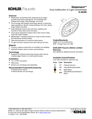 Kohler 26290-2MB Statement 3-Spray Patterns Specification | Manualzz