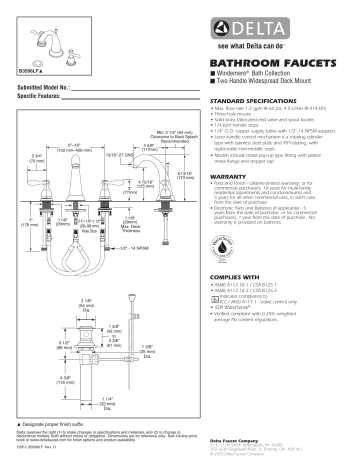 Delta B3596LF Windemere 8 in. Widespread 2-Handle Bathroom Faucet Specification | Manualzz
