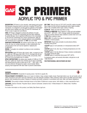 GAF 890322000 1 Gal. SP Single Ply Primer Instructions | Manualzz