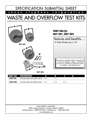 JONES STEPHENS B07202 Bath Tub Drain Waste and Overflow Test Kit for 2 ...