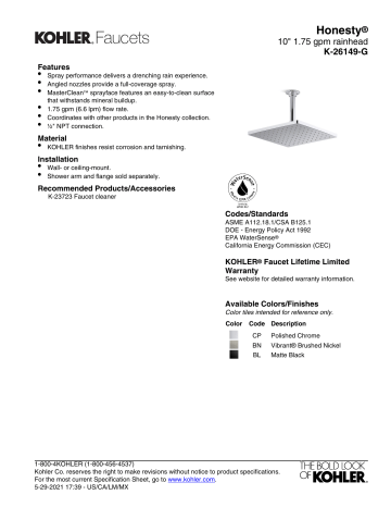 Kohler 26149-G-2MB Honesty 3-Spray Patterns Specification | Manualzz