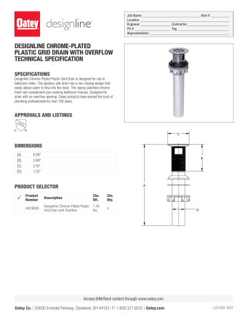 Oatey HDC9690 Designline Chrome-Plated Plastic Grid Drain Specification ...