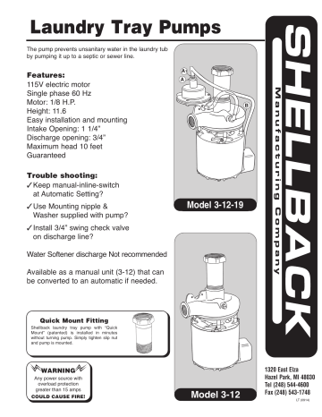 Unbranded 3-12-19 Shellback 1/8 HP Laundry Tray Effluent Pump ...