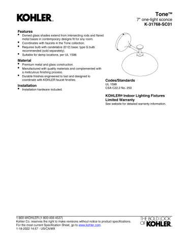 Kohler 31768-SC01-BML Tone 1 Light Black Specification | Manualzz