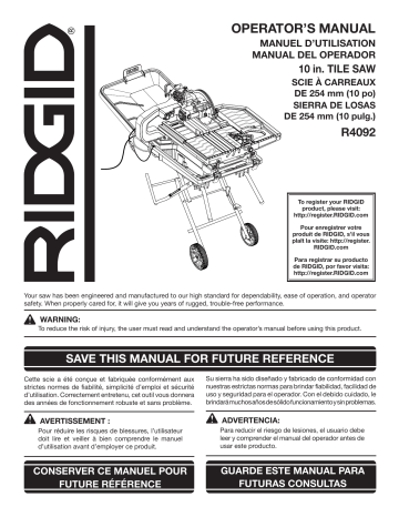 RIDGID R4092 10 in. Wet Tile Saw User guide | Manualzz
