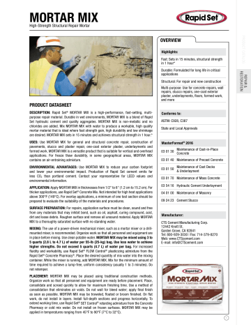 Rapid Set 04020025 25 lbs. Mortar Mix Specification | Manualzz