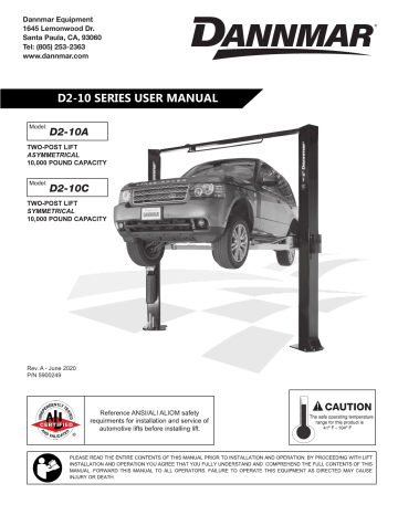 Dannmar D2-10C 2-Post Car Lift Symmetric Clear Floor 10000 lb. Capacity ...